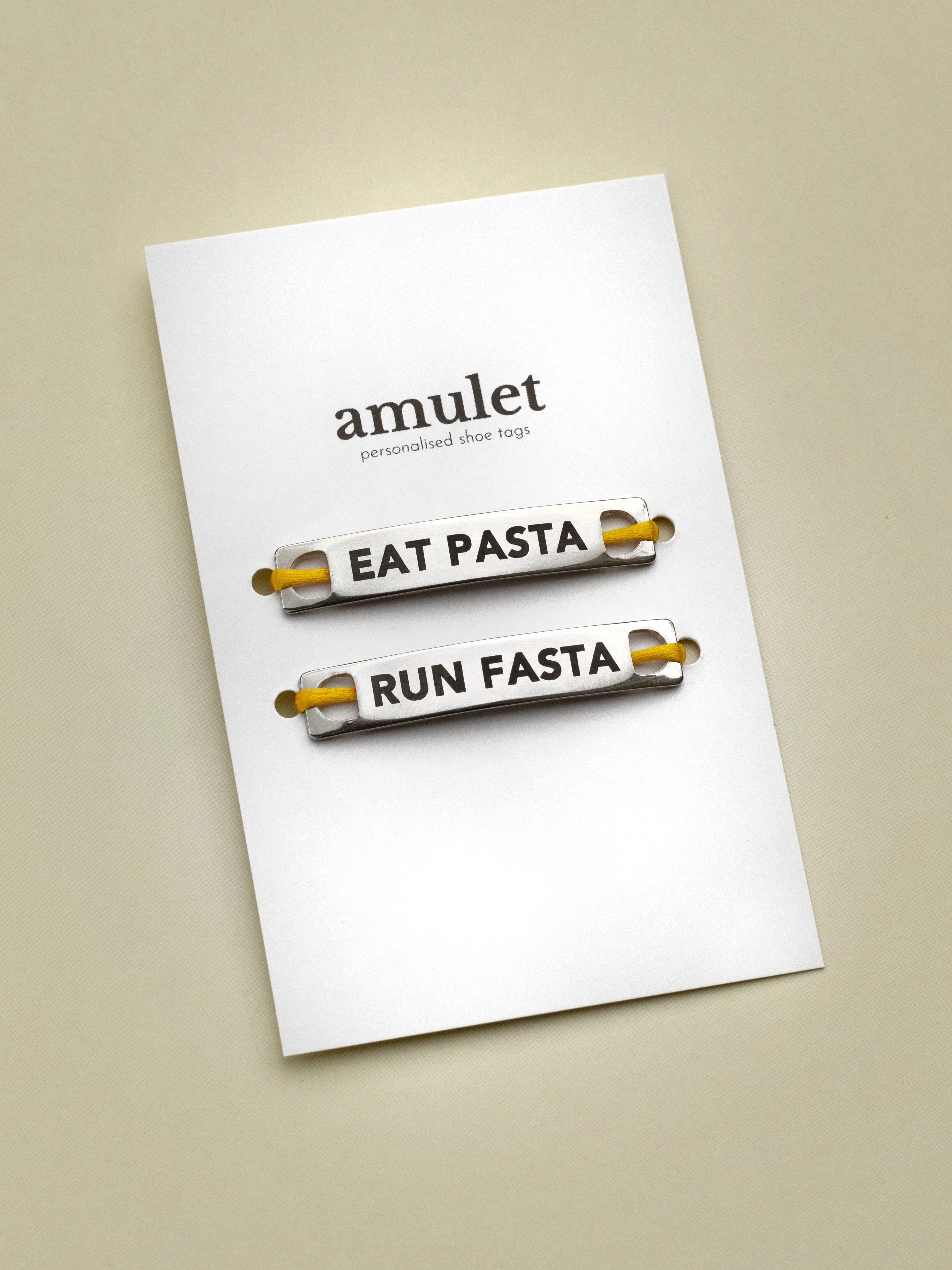 'Eat Pasta Run Fasta' Shoe Tags – My Amulet
